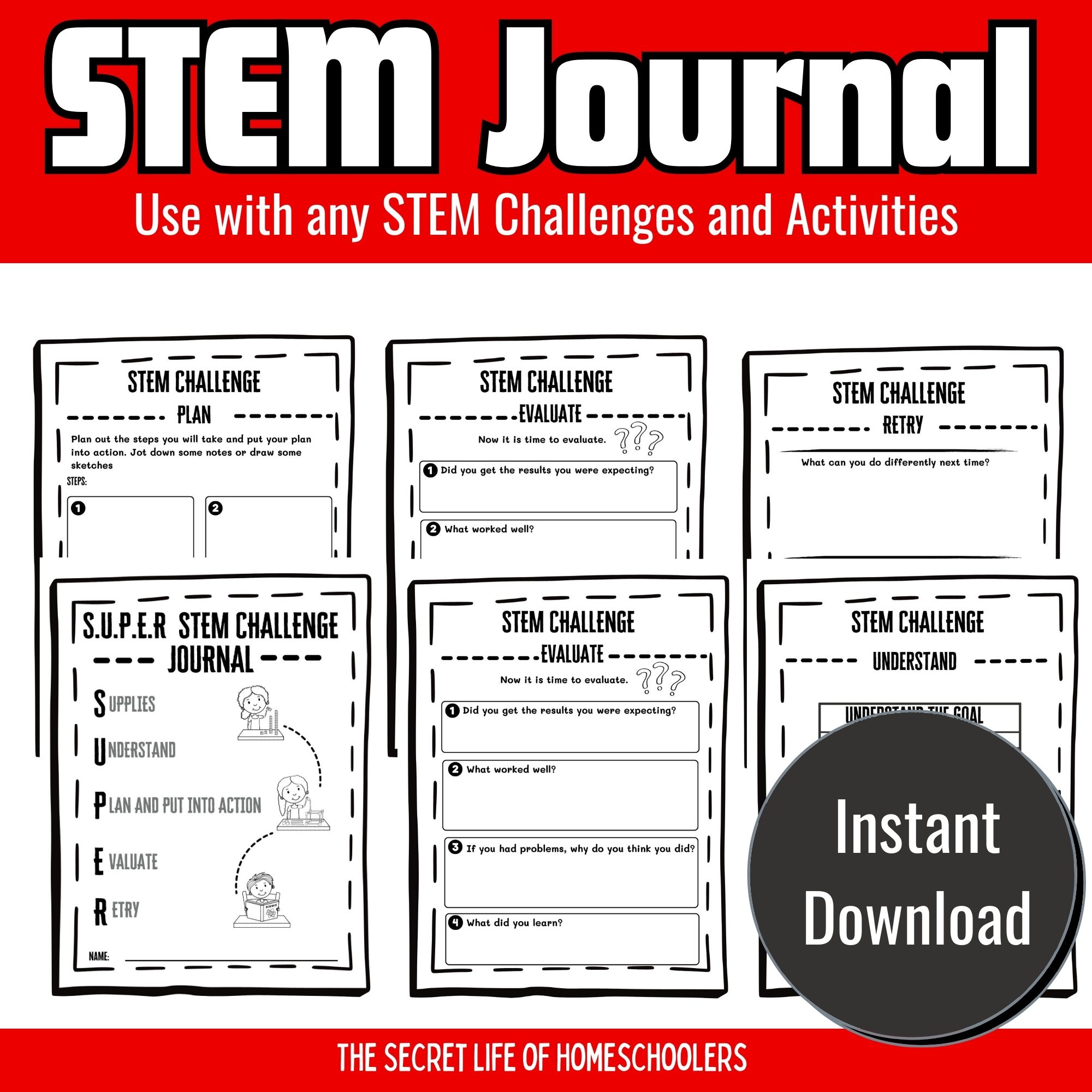 STEM Journal with Bonus STEM Worksheets (black and white)